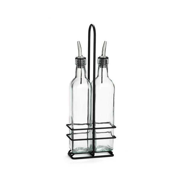 16 Ounce Glass Prima Oil and Vinegar Cruet Set with Rack / Tablecraft